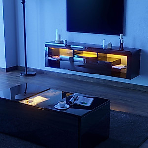 Gitua Floating TV Stand Wall Mounted, High Gloss LED Floating Entertainment Center with Storage&Adjustable Glass Shelf, TV Stand for 65 Inch TV, Gaming Media Center Console Table with Lights, Black