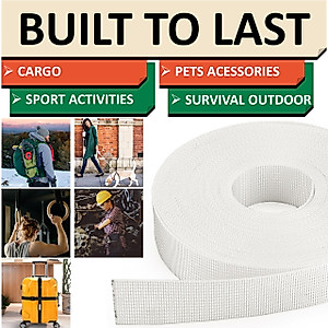 DEYACE 2 Inch Nylon Webbing Strap with Plastic Tri-Glide Slide Clips, 10 25 50 Yards Heavy Duty Nylon Strapping for Indoor or Outdoor Gear, DIY Crafting, Repairing (White, 2" x 10 Yards)