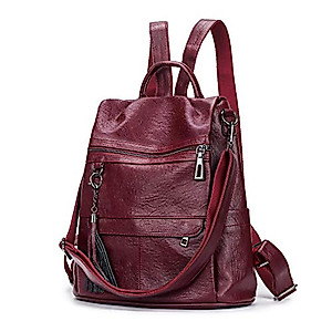 Alovhad Backpack Purse for Women Fashion PU Leather Anti-Theft Shoulder Bag Designer Tassel Rucksack Ladies Tote Handbag (Wine Red)