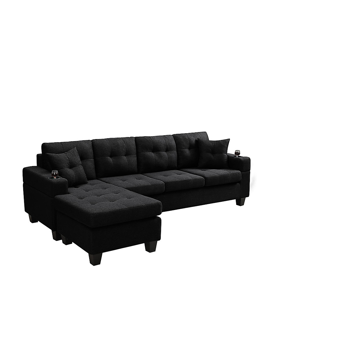 BIADNBZ Modern Sectional Sofa with Reversible Chaise Lounge and Two Cupholders, L-Shaped Couch with 2 Pillows for Living Room Apartment, Black