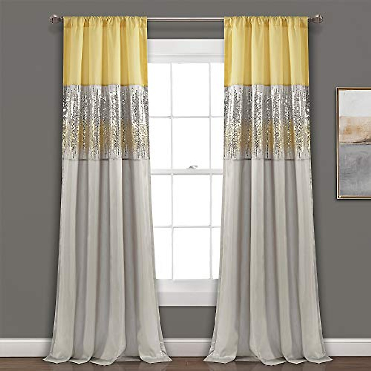 Lush Decor Night Sky Window Curtain Panel for Living, Bedroom, Dining Room (Single Curtain), 42"W x 84"L, Yellow & Gray