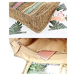 QTKJ Fashion Women Straw Zipper Tote Bag Summer Beach Colorful Shoulder Bag with Woven Shoulder Strap
