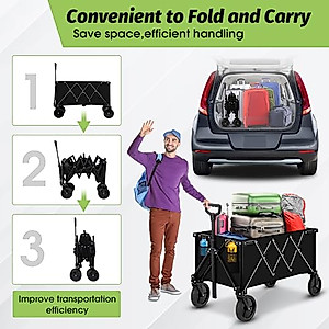 Eusuncaly Collapsible Wagon Cart Heavy Duty for Groceries, Folding Beach Wagon with All Terrain Wheels, Utility Large Capacity Wagon with 2 Drink Holders for Outdoor Camping Shopping Sports, Black