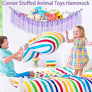 Stuffed Animal Hammock, Stuffed Animal Storage Net, Hanging Plush Net Hammock for Dolls, Toy Hammock Holder Boho Wall Corner Hammock Organizer inc Hooks, Stuffed Animal Toy Bags & Nets (Purple)