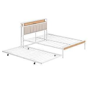Full Size Platform Bed with Trundle, Metal Full Platform Bed Frame with Upholstered Headboard, Sockets, USB Ports and Slat Support, No Box Spring Needed, White