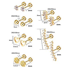 6 Pairs Stainless Steel Tragus Cartilage Earrings Labret Studs Barbell Lip Nose Body Stud Piercing for Men Women Ornament (Gold)