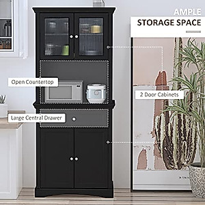 HOMCOM 71" Traditional Freestanding Kitchen Buffet with Hutch, Pantry Cabinet with 4 Doors, 3-Level Adjustable Shelves, and 1 Drawer, Black