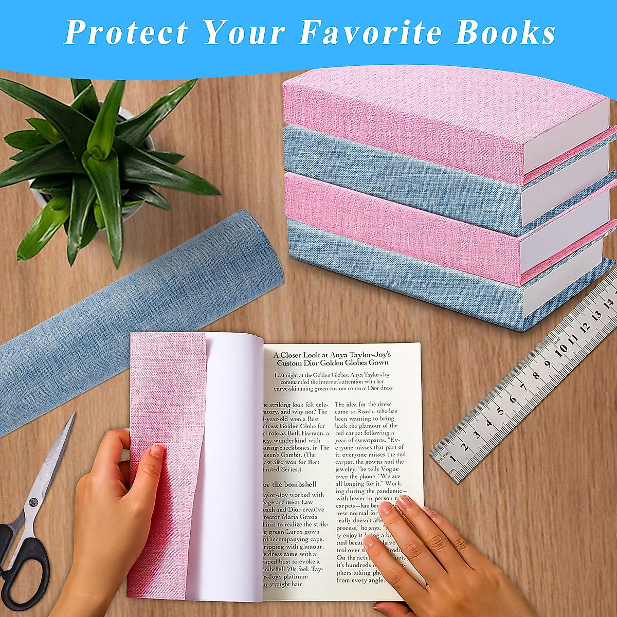 Boocalny 4 Rolls Book Cloth for Book Binding, 40 x 16 in Fabric Surface Paper Backed Book Cover, Weave Book 2 Colors Bookbinding Cloth for Adult DIY Book Scrapbooking, Album Cover （Pink and Blue）