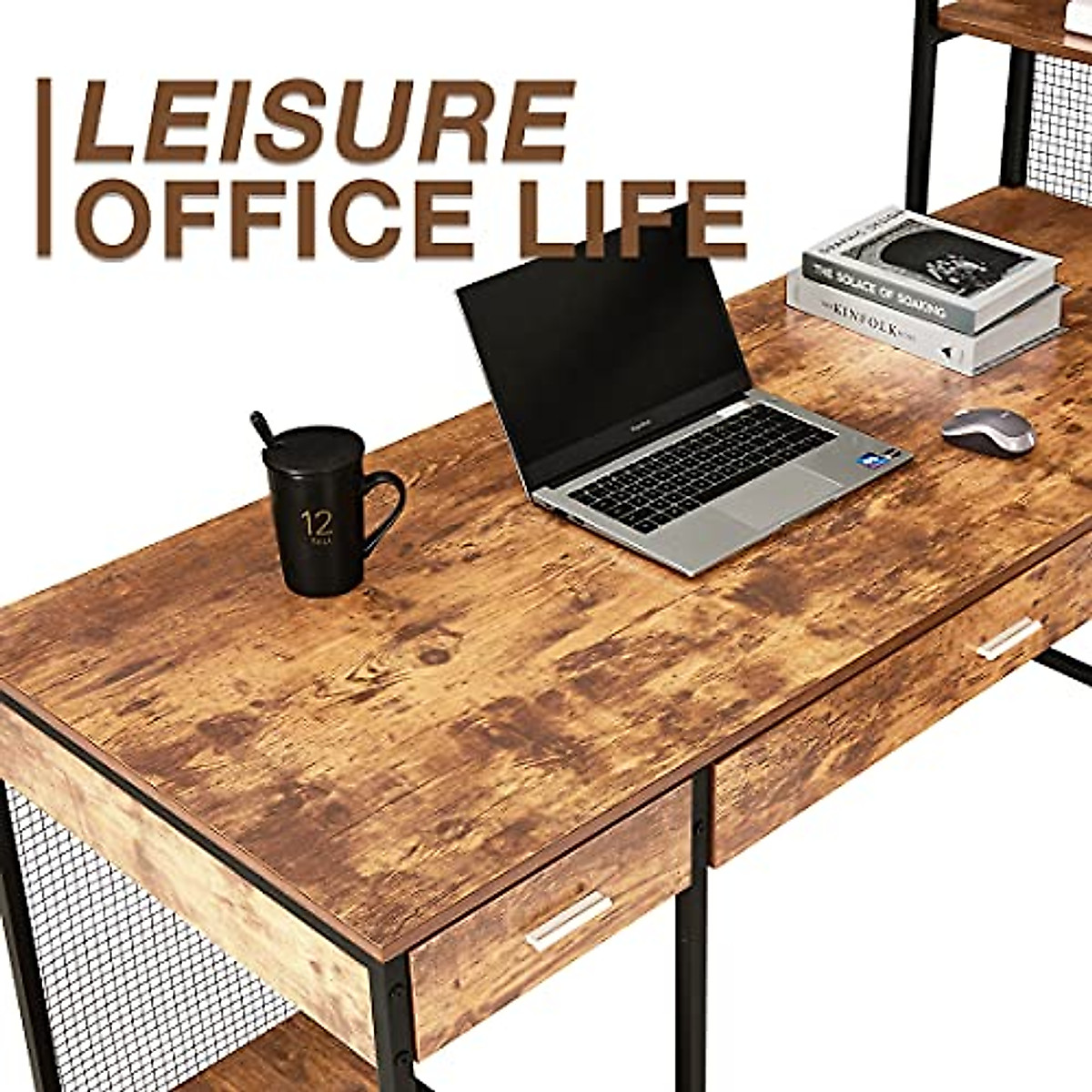 HEAO L-Shaped Desk with 2 Drawers and Cabinet, Industrial Style Home Office Desk W/Storage Shelves,Corner Desk Double Computer Table Space-Saving (Light Brown)