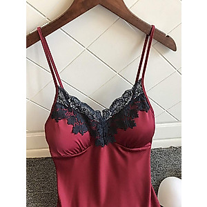 Aniywn Sleepwear Sexy Lingerie Nightgown Lace Chemise Satin Full Slip Silk Negligee Nightie Bridal Babydoll for Women Wine