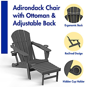 BRIOPAWS Folding Adirondack Chair with Adjustable Backrest & Ottoman, Wood Texture All-Weather HDPE Outdoor Chairs w/Cup Holders & Retractable Footrest for Poolside, Fire Pit, Campfire, Deck, Grey