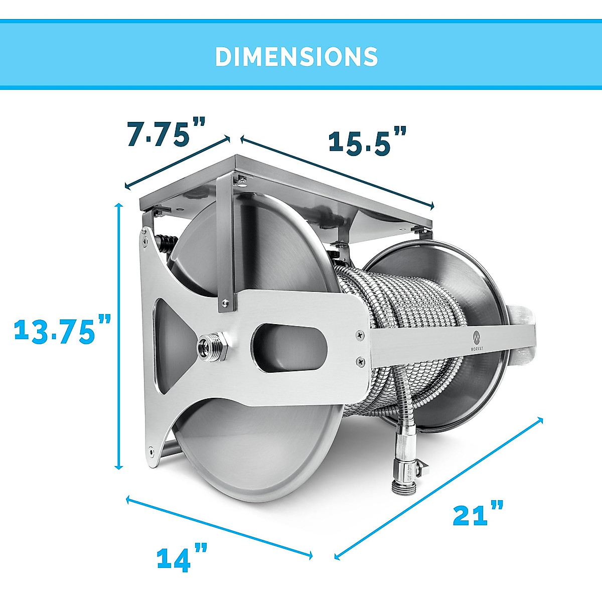 Morvat Stainless Steel Metal Water Hose Reel for 150FT Hose, Retractable Garden Hose Holder with Storage Shelf & Crank, Wall/Floor Mount, Includes 5Ft Leader Hose with ON/OFF Valve & Accessories