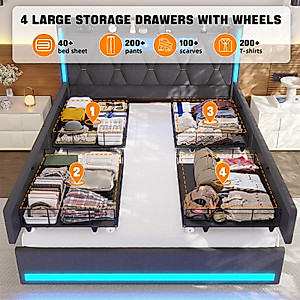 busyaeh King Bed Frame and Headboard with Storage, King Size Bed Frame with LED Lights & Charging Station, Upholstered King Bed Frame, No Noise, No Box Spring Needed, Easy Assembly