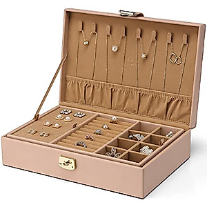 Vlando Jewelry Box for Women Girls 2 Layer Large Jewelry Organizer Storage Case PU Leather Jewellery Stackable Tray for Necklace Earrings Rings Bracelets Home Decor Gifts Beige
