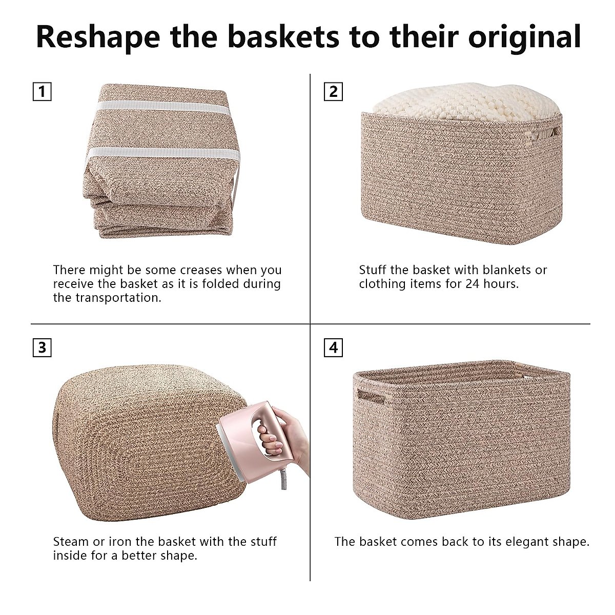 OIAHOMY 4 Pack Storage Baskets for Organizing, Cube Storage Bins for Shelves, Rectangle Storage Baskets With Handles, Woven Baskets for Storage, 12.7''Lx9''Wx7.8''H, Brown