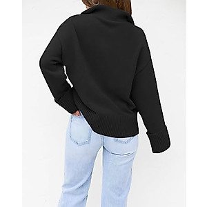 ZESICA Women's 2023 Winter Long Sleeve 1/4 Zipper V Neck Loose Fuzzy Knitted Chunky Warm Pullover Sweater Jumper Tops,Black,Large