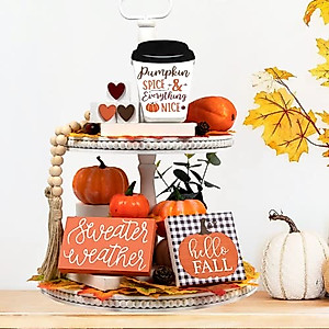 DAZONGE 7PCS Fall Decorations for Home, Happy Fall Decor, Hello Fall, 3D Heart, Sweater Weather, Bead Garland, Pumpkin Mug Fall Signs, Fall Tiered Tray Decor, Rustic Fall Tabletop Decor