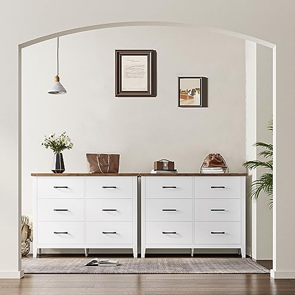 HOSTACK 6 Drawer Double Dresser, White Dresser, Wide Chest of Drawers, Wood Storage Dresser Chest Organizers for Living Room, Entryway, Hallway, White/Rustic