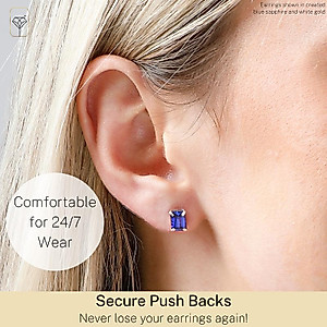 MAX + STONE 14k White Gold Solitaire Blue Aquamarine Emerald Cut Stud Earrings for Women | 7x5mm March Birthstone