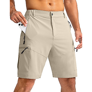 Pudolla Men's Hiking Cargo Shorts 9" Lightweight Outdoor Work Shorts for Men Travel Golf Camping Casual with 5 Zipper Pockets(Khaki Large)