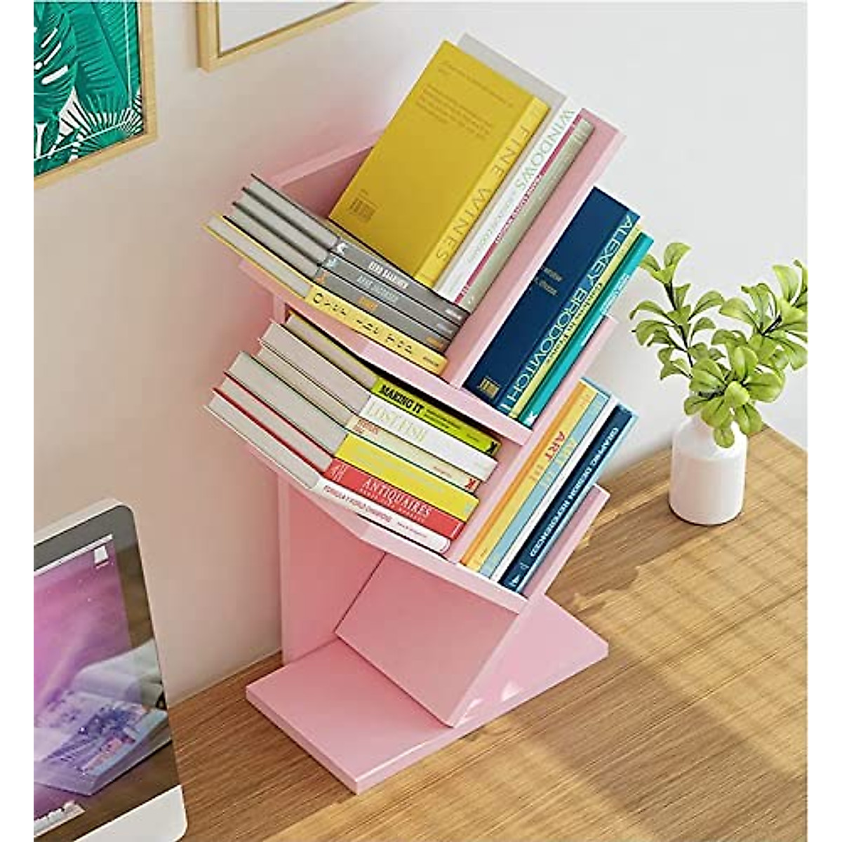 J.DXHY Tree Bookshelf,4-Layer Floor Standing Bookshelf,The Desktop Bookshelf Can Hold Books,Magazines,CDs and Photo Albums,Office Storage Rack,Pink