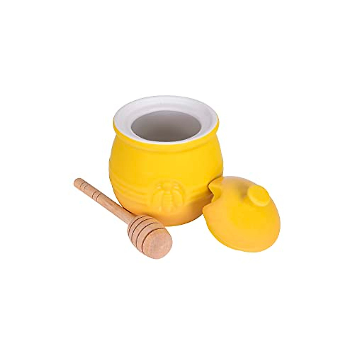 Creative Co-Op Farmhouse Embossed Stoneware Honey Pot with Wood Honey Dipper, Yellow