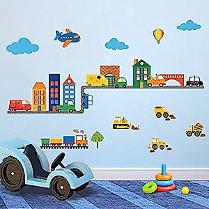 decalmile Construction Vehicles Wall Decals Cars Transportation Boys Wall Stickers Baby Nursery Childrens Bedroom Living Room Wall Decor