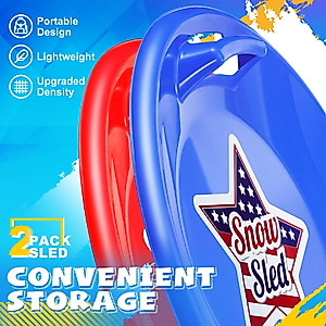 27” 2 Pack Snow Sled for Kids Heavy-Duty Downhill Plastic Sled Cold Resistant Toboggan Sled Outdoor 1-2 Rider Snow Sleds for Adults Durable Saucer Sleds with 2 Handles Round Sled Discs for Winter