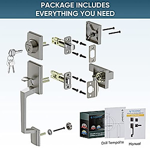 TICONN Front Door Handle Set, Heavy Duty Square Door Lever & Single Cylinder Deadbolt Combo Reversible for Entrance Exterior Doors (Satin Nickel)