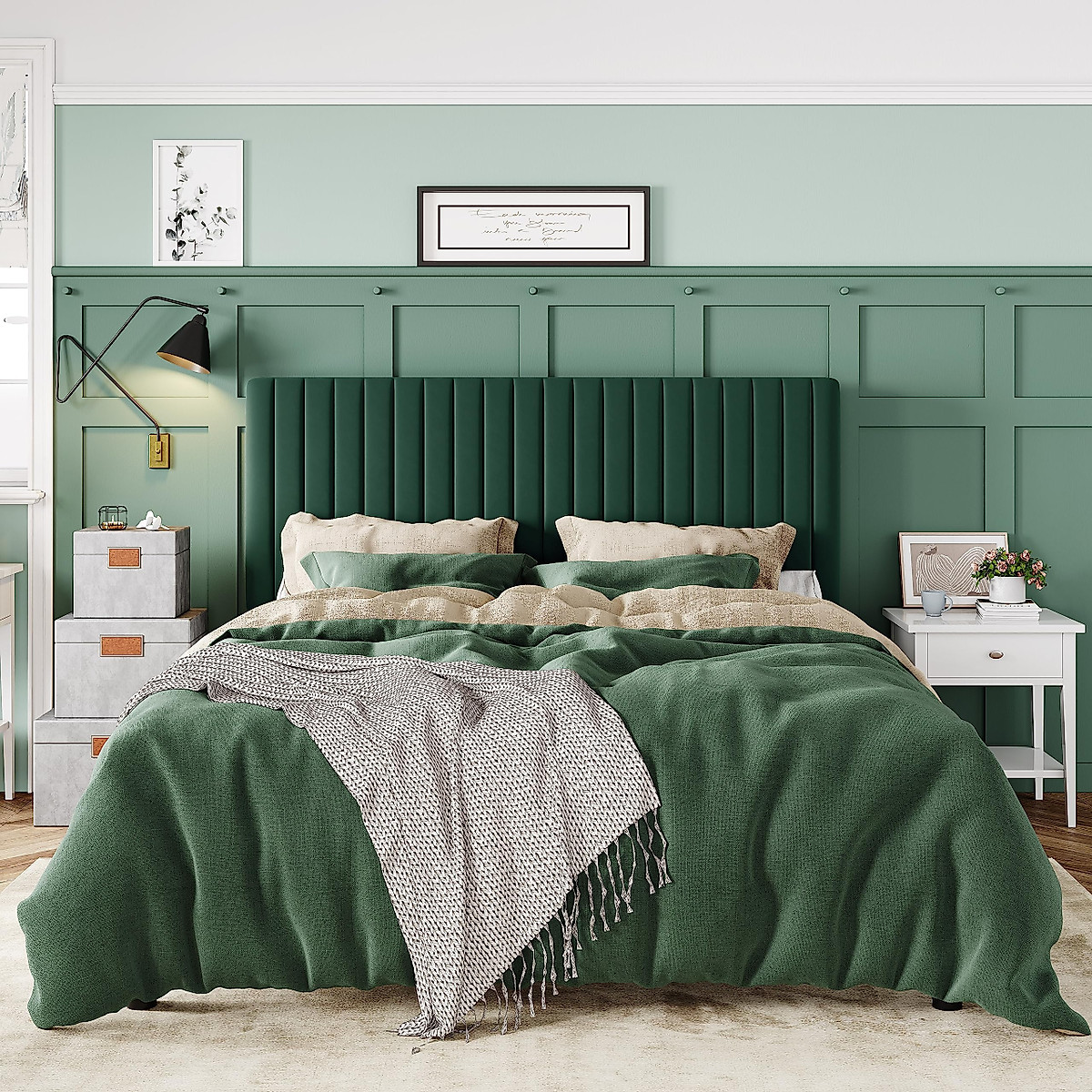 Allewie Full Bed Frame, Velvet Upholstered Platform Bed with Adjustable Vertical Channel Tufted Headboard, Mattress Foundation with Strong Wooden Slats, Box Spring Optional, Easy Assembly, Green