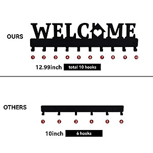 TWOWYHI Key Holder for Wall Black Metal Keys Holder Decorative Wall Mounted WELCOME Design Style Key Rack for Wall Key Hanger with 10 Hooks 12.99"Length 3.35"Width key hangers with Adhesive Wall Screw