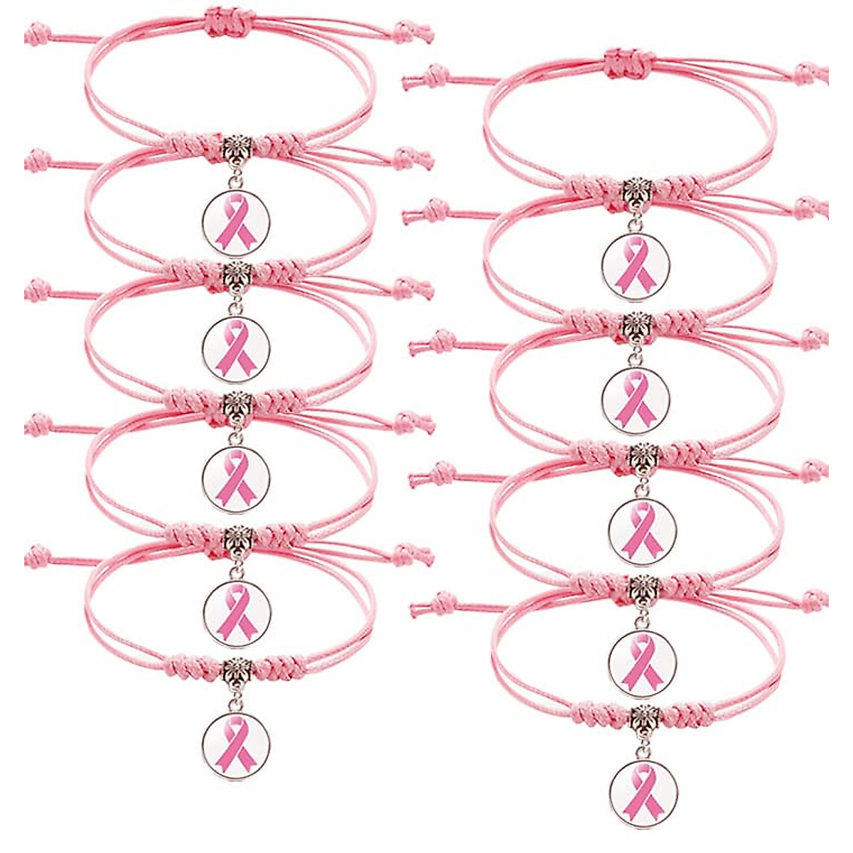 Palotay 10PCS Breast Caner Awareness Bracelets Pink Ribbon Braided Bracelets Breast Cancer Bracelets with Ribbon Pink Adjustable Breast Cancer Bracelets for Women Breast Caner Awareness Month Gifts,
