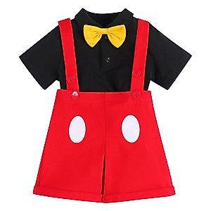 IBTOM CASTLE Gentleman First Birthday Cake Smash Photo Prop Outfits for Baby Boys Romper+Bow Tie+Overalls Bib Pants Ears Headband Halloween Baby Shower Fancy Costume Red+Balck 12-18 Months