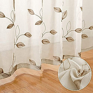 HOMEIDEAS Taupe Sheer Curtains 52 X 84 Inches Long 2 Panels Beige Embroidered Leaf Pattern Pocket Faux Linen Floral Semi Sheer Voile Window Curtains/Drapes for Bedroom Living Room