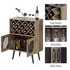 SogesHome 23.6 inches Wine Cabinet, Wine Storage Rack with 11 Bottle, Rack Wine Holder, Large Storage Cabinet with Metal Mesh Doors, for Kitchen, Dining Room, Living Room
