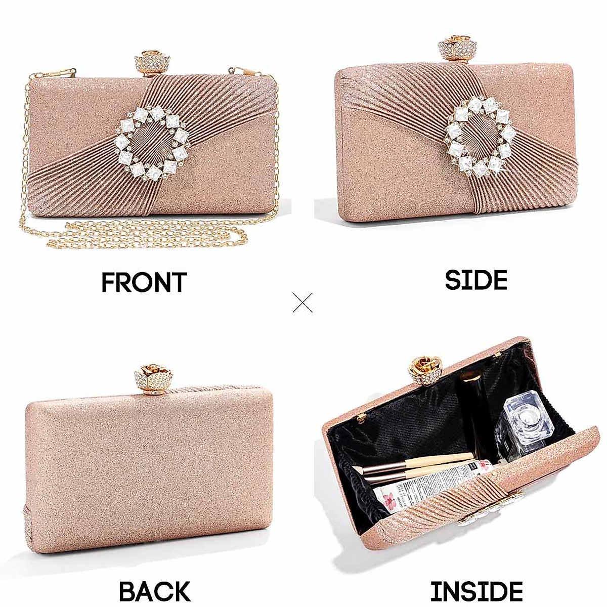 Yokawe Women Evening Bag Glitter Pleated Clutch Purse Rhinestone Handbags for Bridal Wedding Prom Party (Champagne)