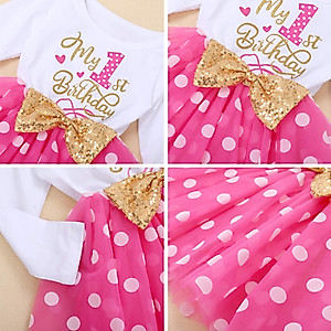 ODASDO Infant Baby Girl My 1st First Birthday Cake Smash Outfit Cotton Long Sleeve Princess Tutu Tulle Bowknot Polka Dots Dress One Year Old Party Clothes Photo Props Hot Pink 1 Year