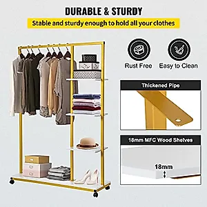 VEVOR Clothing Garment Rack, 39.4"x14.2"x59.1", Heavy-duty Clothes Rack w/Bottom Shelf & Extra 3 Side Shelves, 4 Swivel Casters, Rolling Clothes Organizer for Laundry Room Retail Store Boutique, Gold