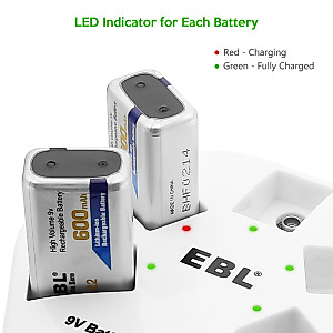 EBL 9V Rechargeable Batteries Lithium ion 9V 600mAh Batteries 600mAh (5 Packs) with 5 Bay 9V Battery Charger 2A Input for Smoke Alarm Detectors