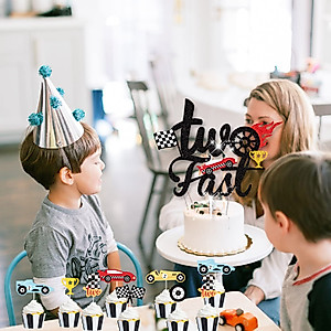 Race Car Two Fast Party Decorations Supplies Racing Theme 2nd Birthday Party Banner Race Car Second Birthday Cake Topper Checkered Flags Balloons for Let's go Racing Theme Sports Event Party Supplies