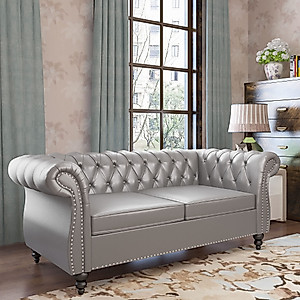 QHITTY Accent Sofa, Chesterfield Loveseat Modern Leather Couch Upholstered Sofa with Tufted Back for Living Room Furniture (Grey)