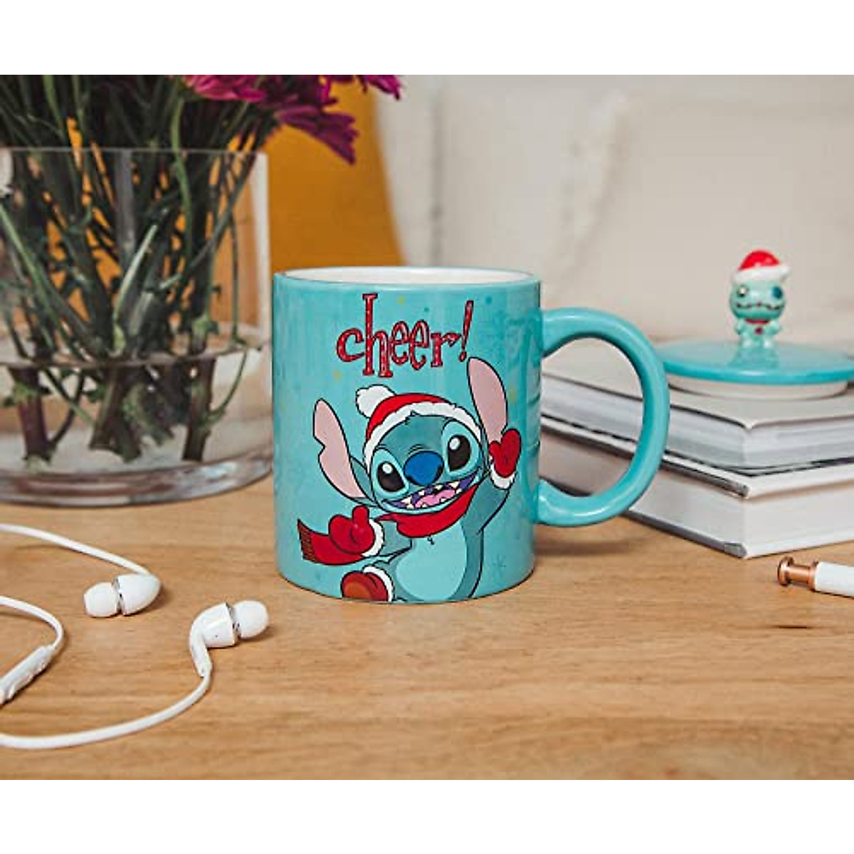 Disney Lilo & Stitch Holiday Cheer Ceramic Mug With Lid | Large Coffee Cup For Espresso, Caffeine, Tea