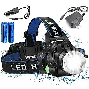 Wrrozz LED Headlamp Rechargeable Flashlight, Super Bright Tactical Head Lamp for Adults, Waterproof Headlight, Car & Wall Charger, for Outdoor Running Hunting Reading Hiking Camping Night Fishing