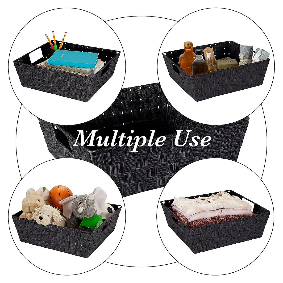 Simplify Large Shelf Woven Strap Tote | Decorative Storage Basket | Built in Handles | Organization | Closet | Bedroom | Bathroom | Nursery | Accessories | Toys | Gifts | 2 Pack | Black