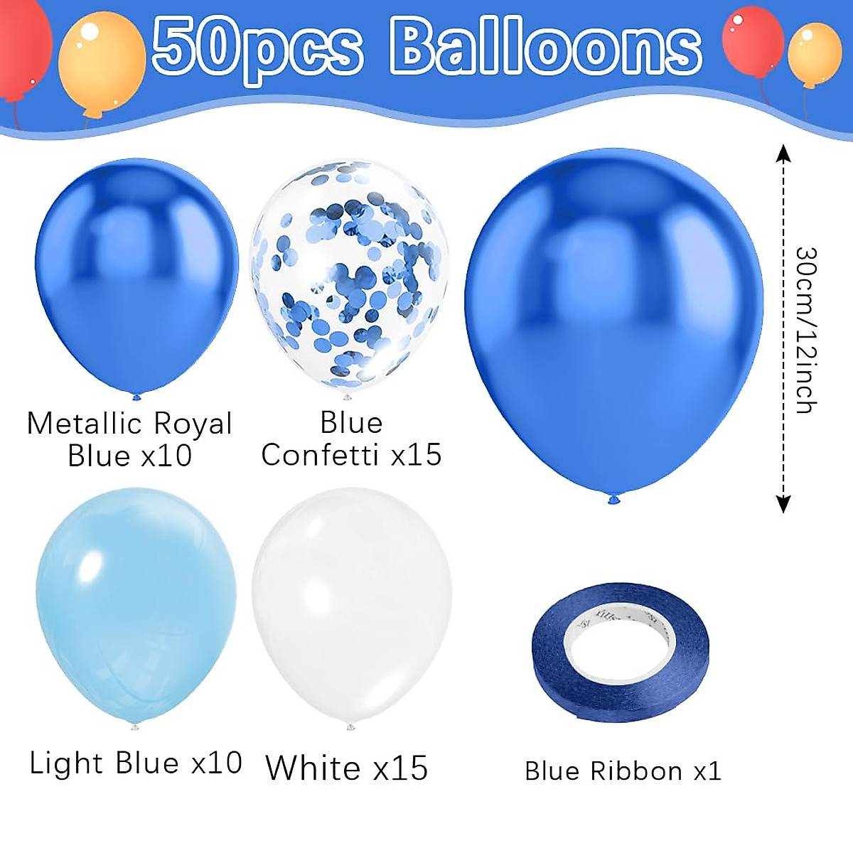 Blue and White Balloons Royal Blue Balloons 12inch 50pcs, Blue Confetti Balloon Blue and White Balloon Arch Kit Light Blue Baby Blue Ballons for Birthday Decorations Wedding Party Baby Shower