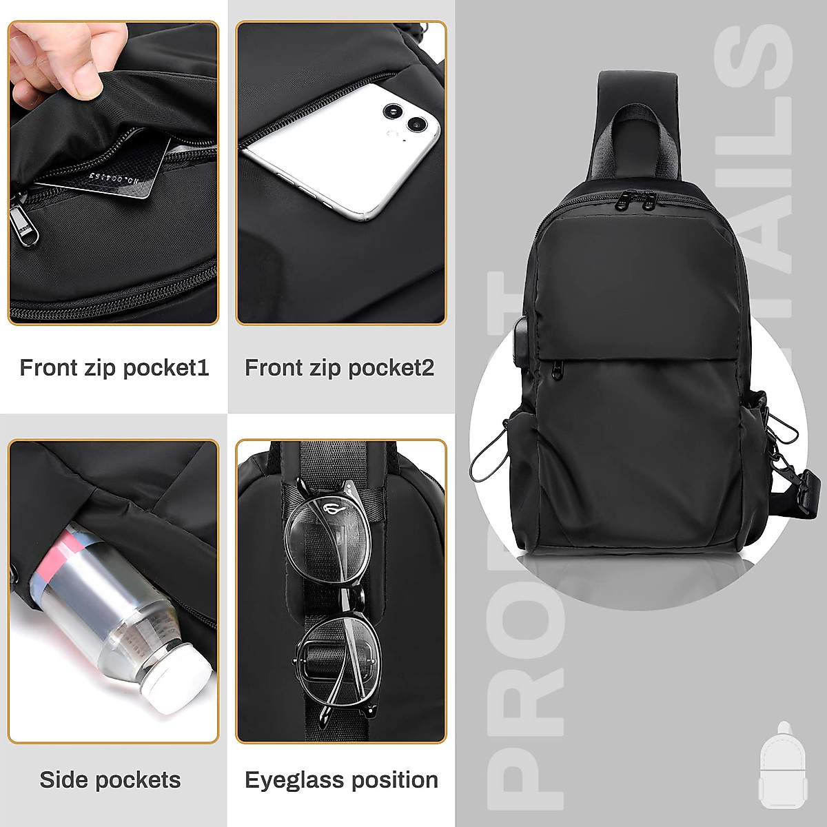 Allnice Sling Bag for Women Men Small Sling Bag Crossbody Daypack with USB Charging Port Water Resistant Chest Bags Adjustable Shoulder Strap Travel Hiking Daypack for Travel, Hiking, Cycling, Camping