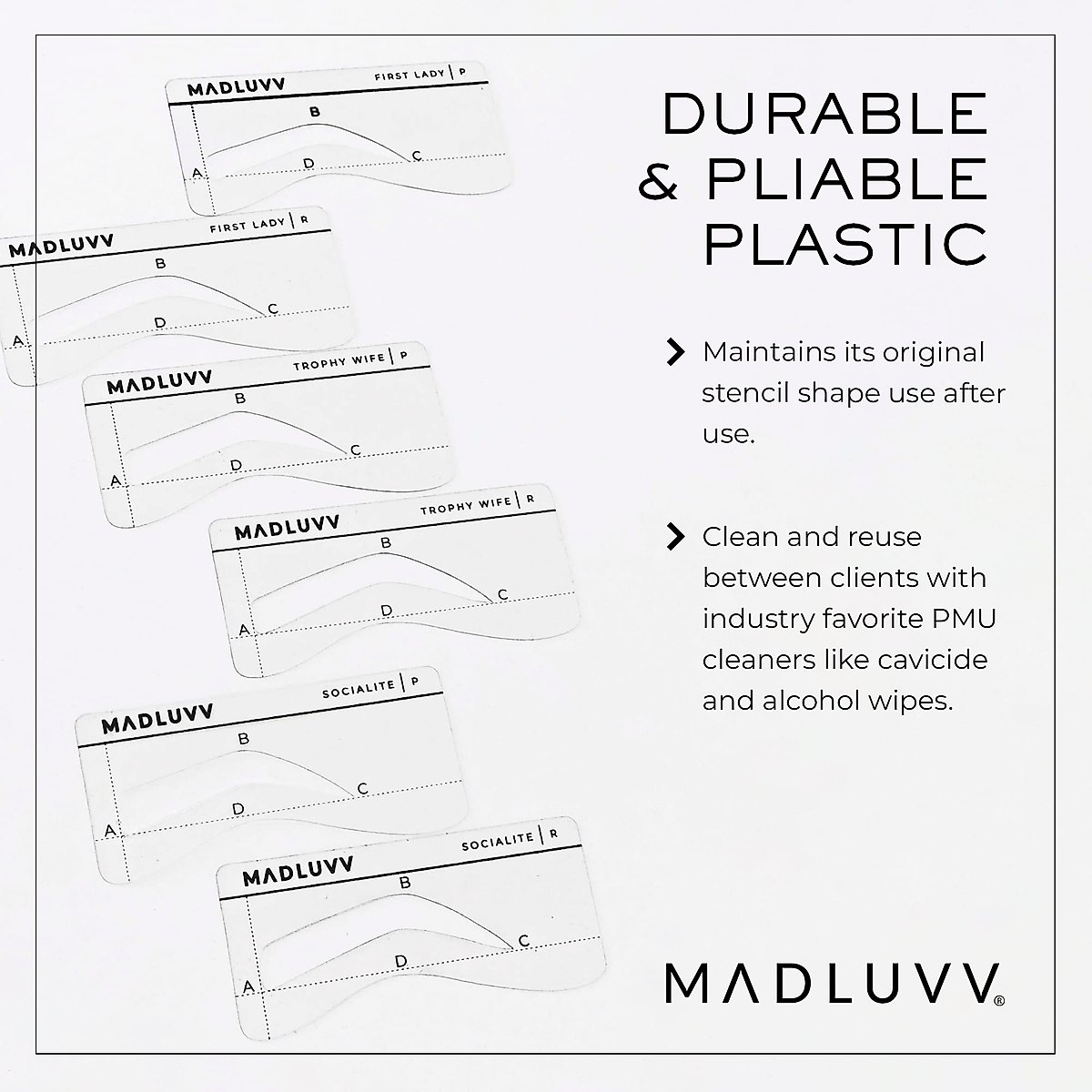 MADLUVV Eyebrow Shaper Stencils, Reusable Brow Mapping Template for PMU Professionals, Semi-Permanent Makeup Mapping, 6 Stencils (3 Stencil Shapes in Both Petite and Regular Sizes) - Classic Set