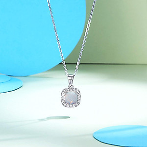 Carleen Created Opal Pendant Necklace 925 Sterling Silver October Birthstone Jewelry Cubic Zirconia CZ Halo Prong Setting Fine Jewelry Birthday Gifts for Women, 18" Silver Chain