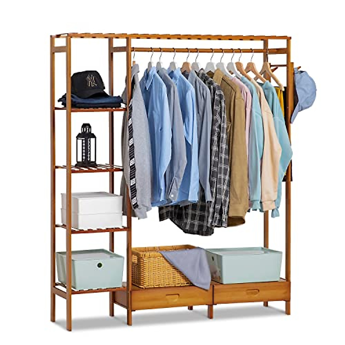 MoNiBloom Bamboo Clothes Rack, Freestanding Closet Organizer with 2 Drawers and a Hanging Rob, Extra 5 Clothing Storage Shelving for Bedroom Living Room, Brown