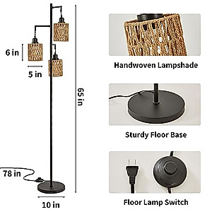 Feohak Boho Floor Lamp, Rattan Floor Lamps for Living Room 3-Light Bamboo Wicker Farmhouse Rustic Coastal Bohemian Straw Tall Tree Standing Lamp for Bedroom Office
